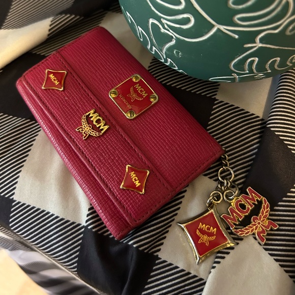 MCM | Accessories | Mcm Pink Leather Studded Charm Trifold Key Wallet ...